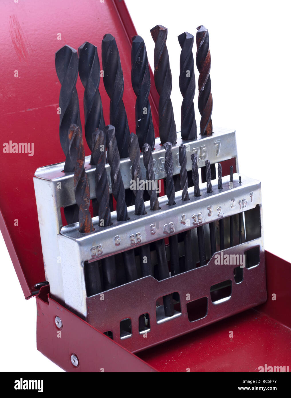 Old drill bit set in red box Stock Photo - Alamy