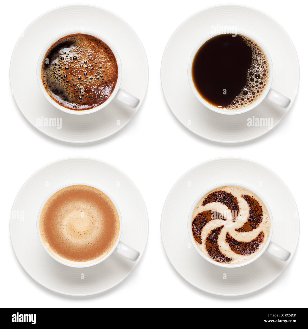 Top view of coffee cup collection isolated on the white background ...