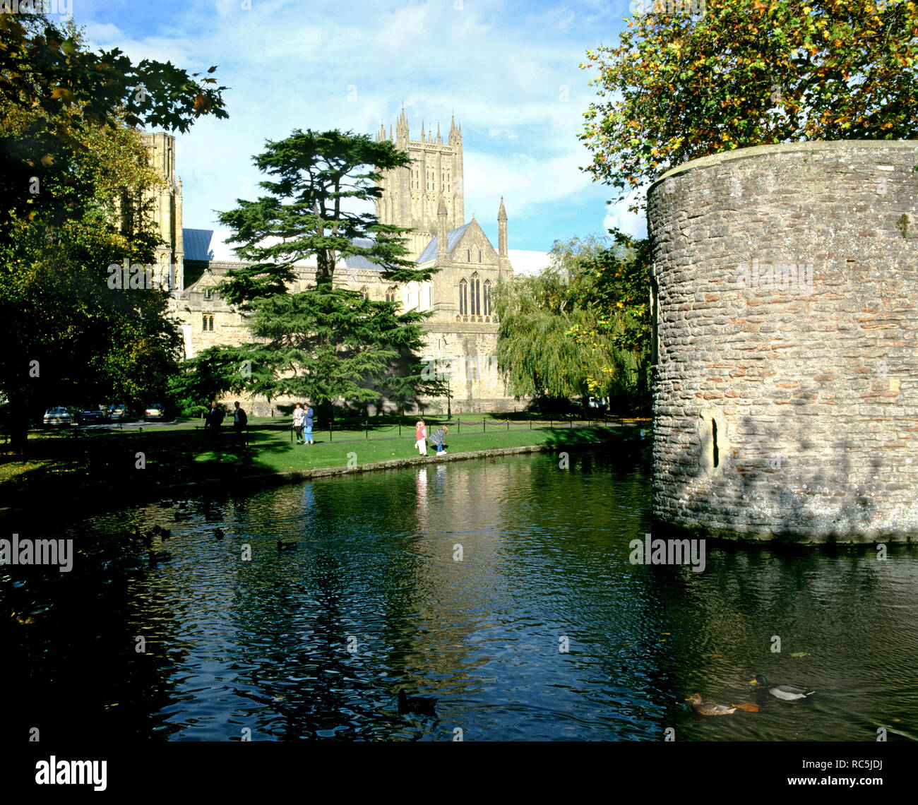 Wells Cathedral, Bishops Palace and Moat, Wells, Somerset Stock Photo ...