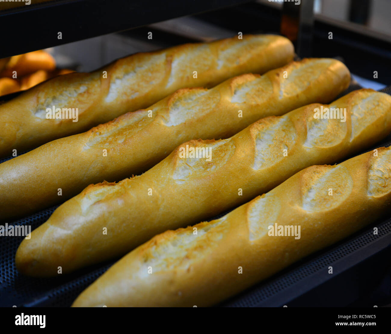 Many ready-made fresh bread in a bakery oven in a bakery Stock Photo ...
