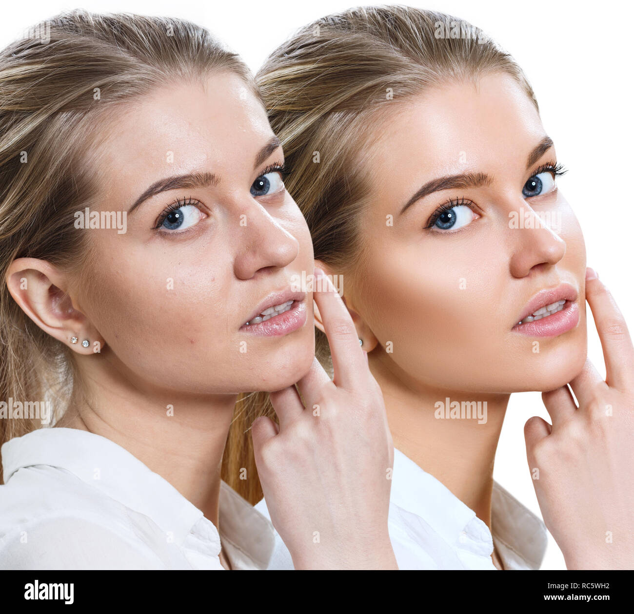 Comparison portrait of young woman before and after retouch Stock Photo ...