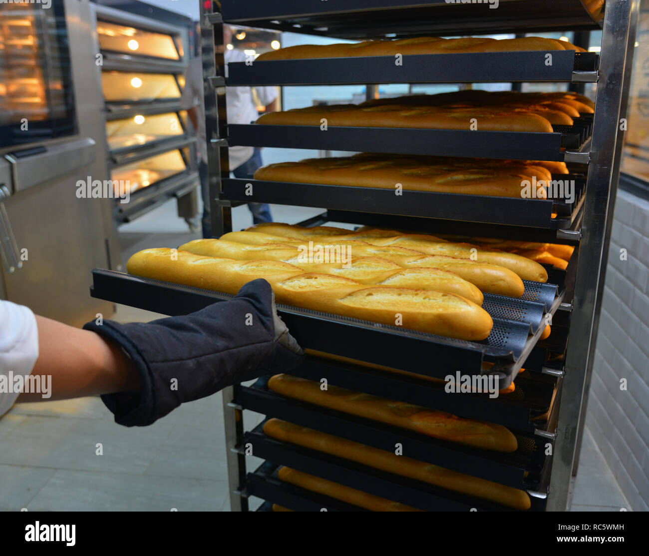 Many ready-made fresh bread in a bakery oven in a bakery Stock Photo ...