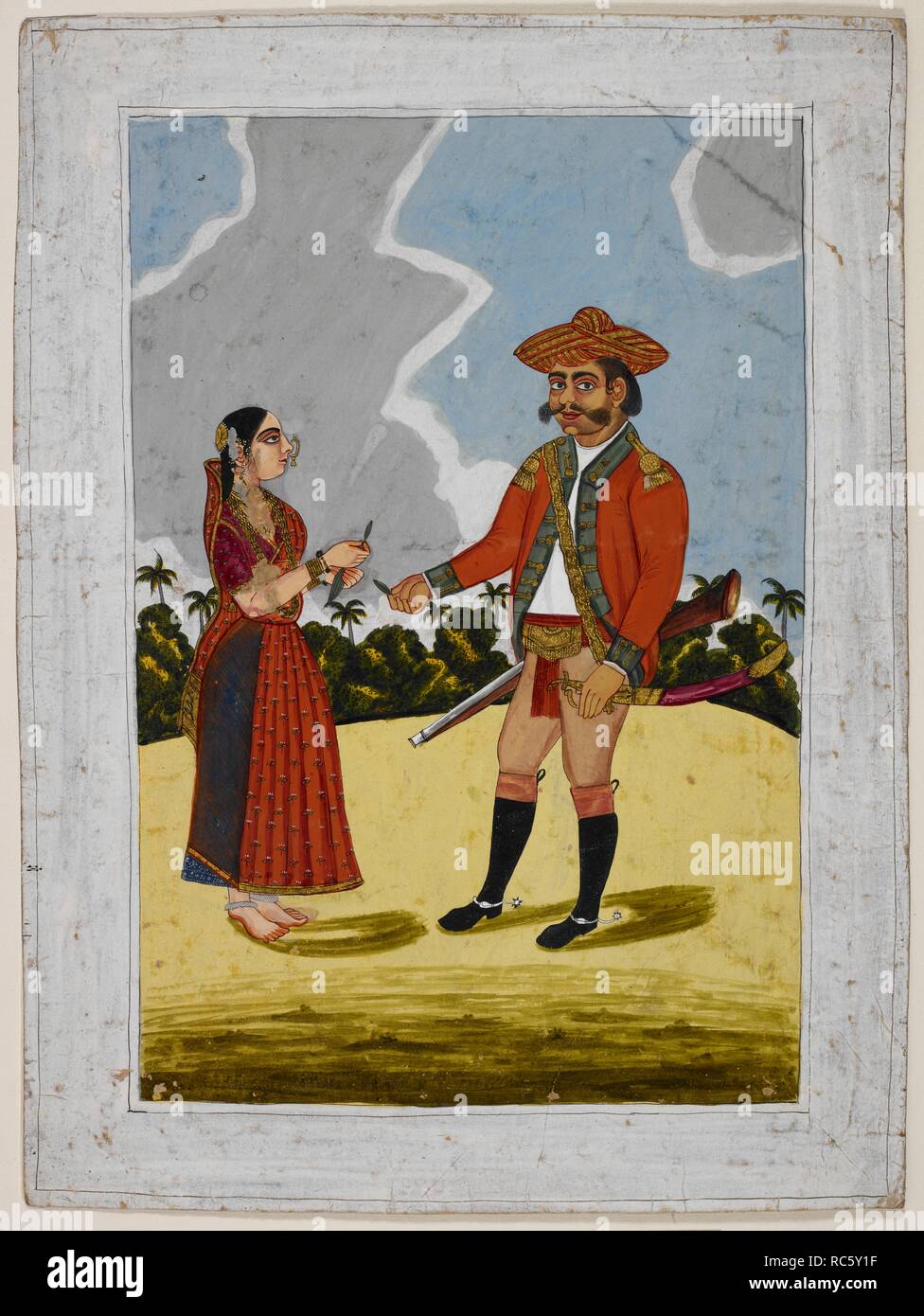 Subadar of the Madras Native Infantry and wife. The subadar wears a red ...