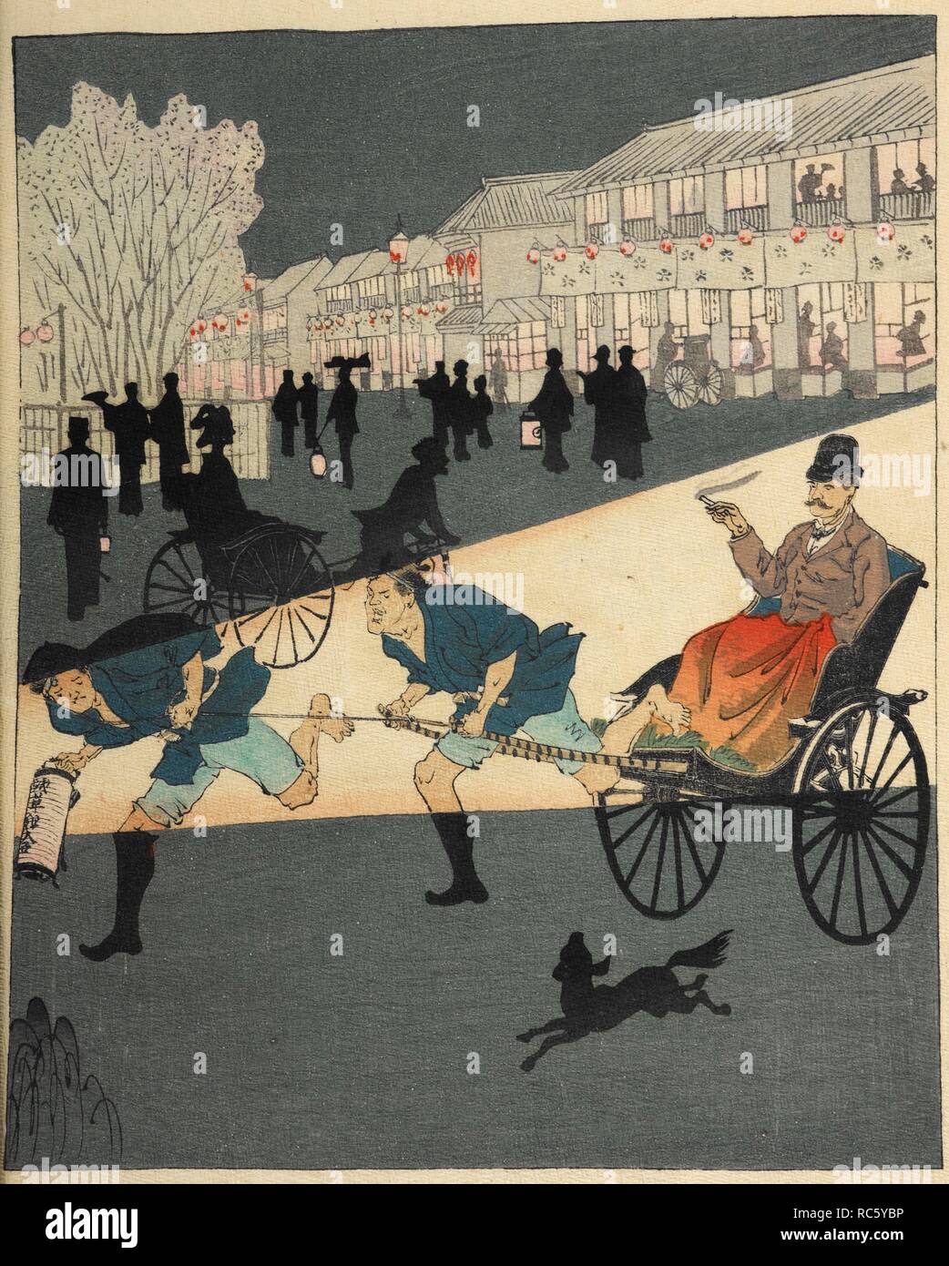 A western man as a passenger in a carriage being pulled by two Japanese ...