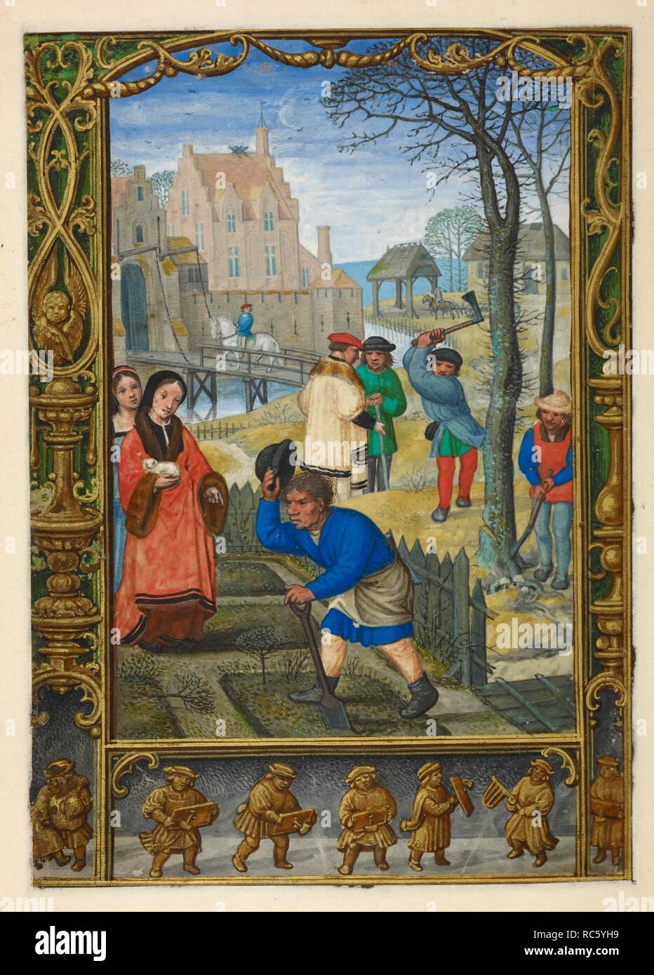 Calendar scene for March: gardening and felling trees. (Below) Playing ...