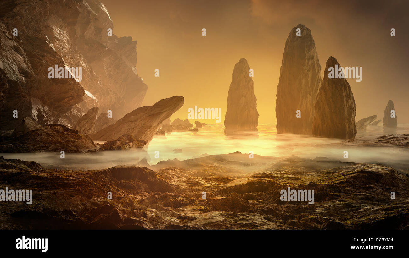 Fantasy landscape. Rock, cliff and stones with foggy sea. Mysterious ...