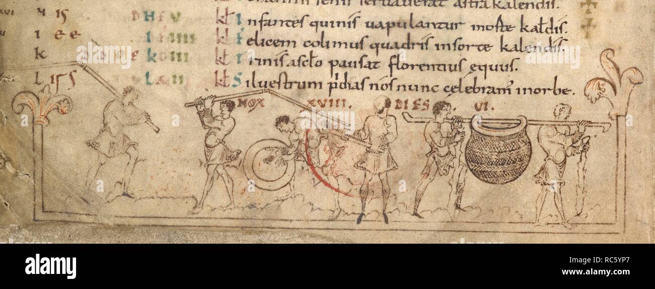 Calendar page for December: threshing corn and carrying it off in ...