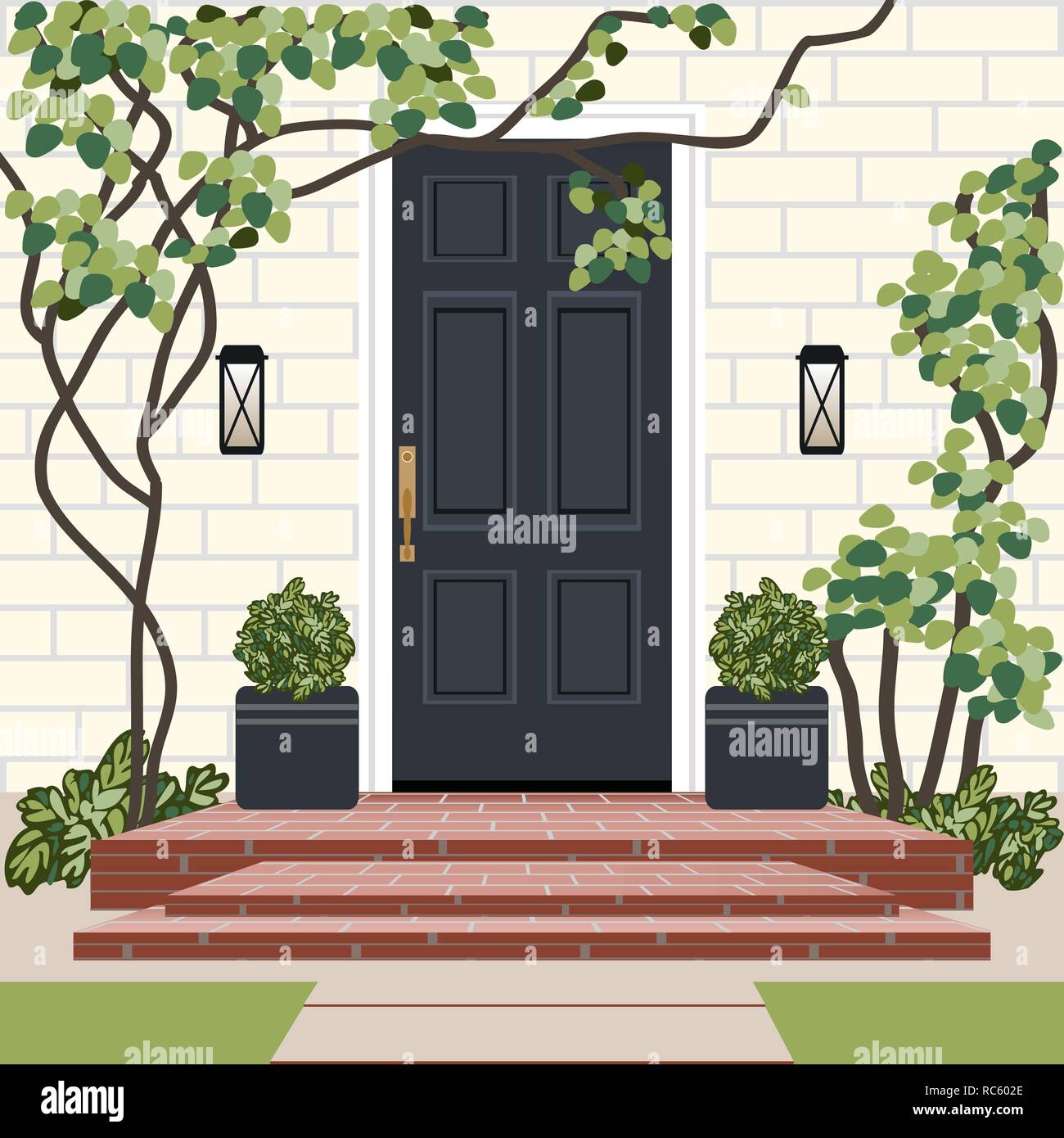 House door front with doorstep and steps, lamp, flowers in pots ...