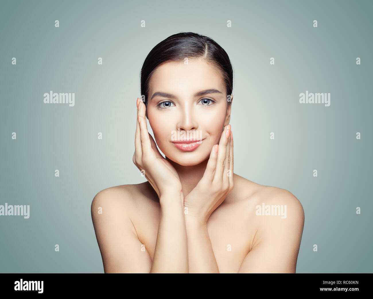 Young healthy woman with clear skin, facial treatment and healthcare ...