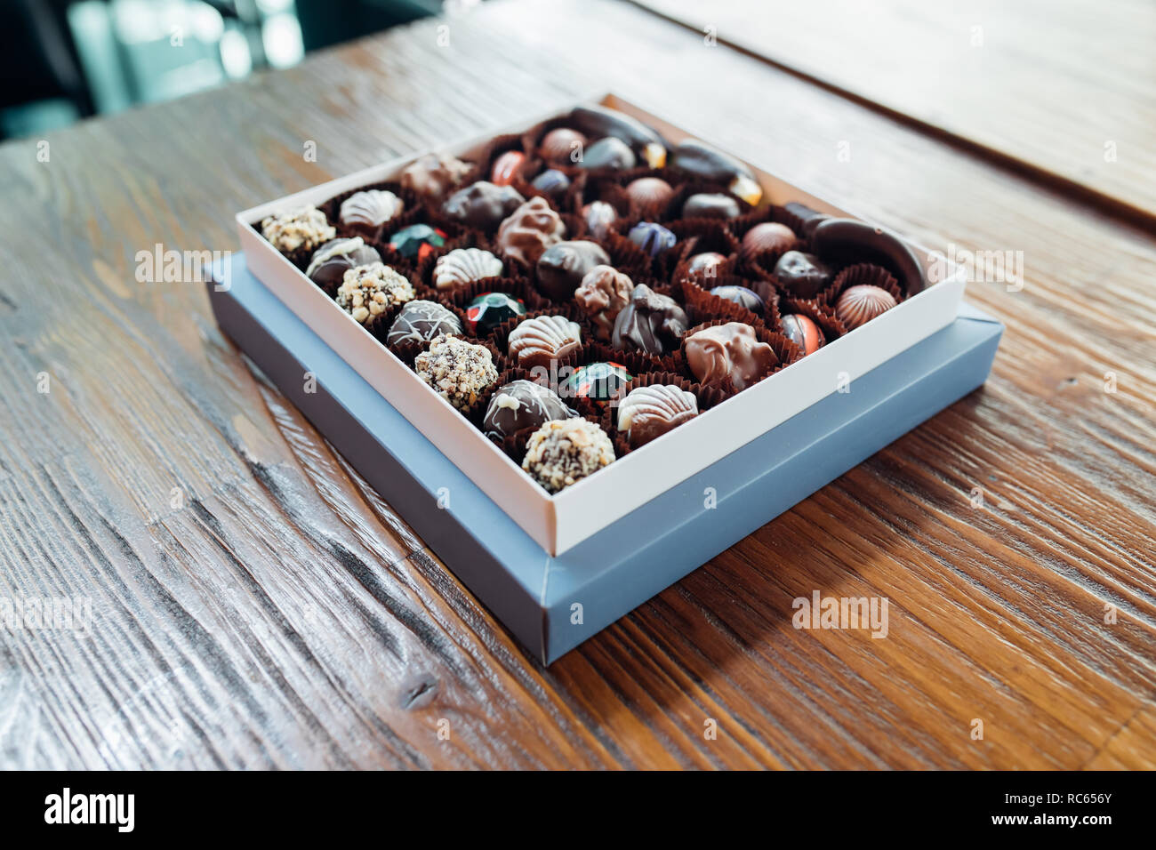 Handmade chocolates or candies in the box. This chocolate gift are ...