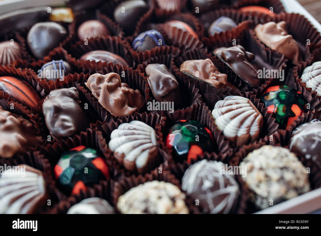 Handmade chocolates or candies in the box. This chocolate gift are ...