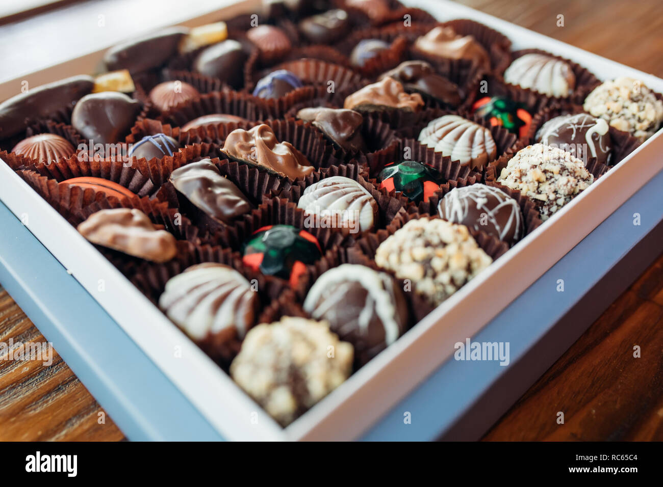 Handmade chocolates or candies in the box. This chocolate gift are ...