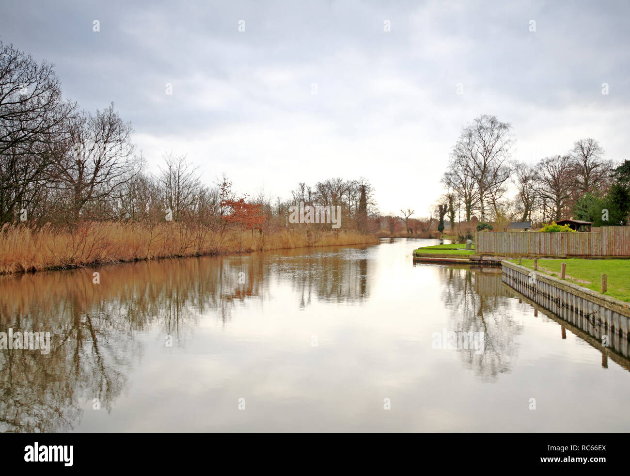 A view of the River Ant in winter on the Norfolk Broads at Irstead ...
