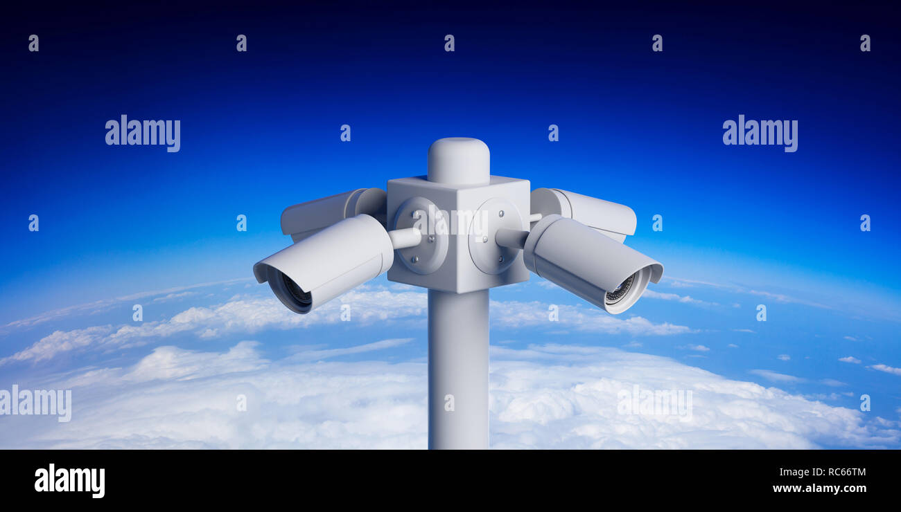 Security Cameras CCTV system. Surveillance cams on pole on blue sky ...
