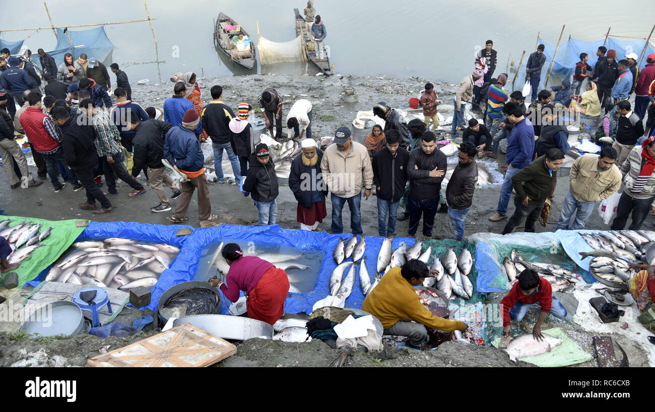 Guwahati, Assam, India. 14th Jan 2019. Peoples throng to buy fish at a ...