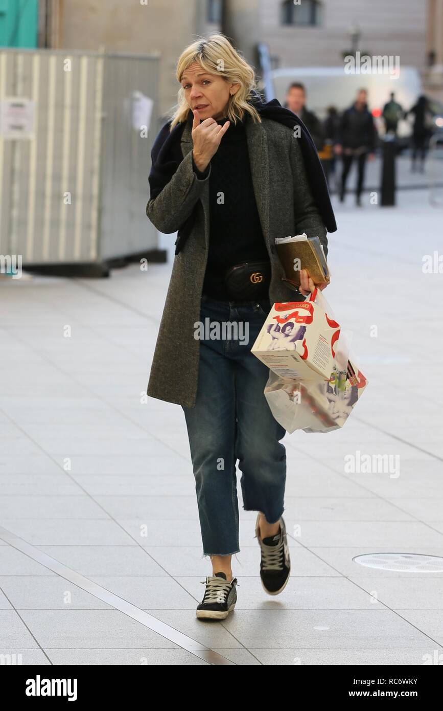 Zoe Ball seen walking through the BBC carrying two Pannetone cakes ...