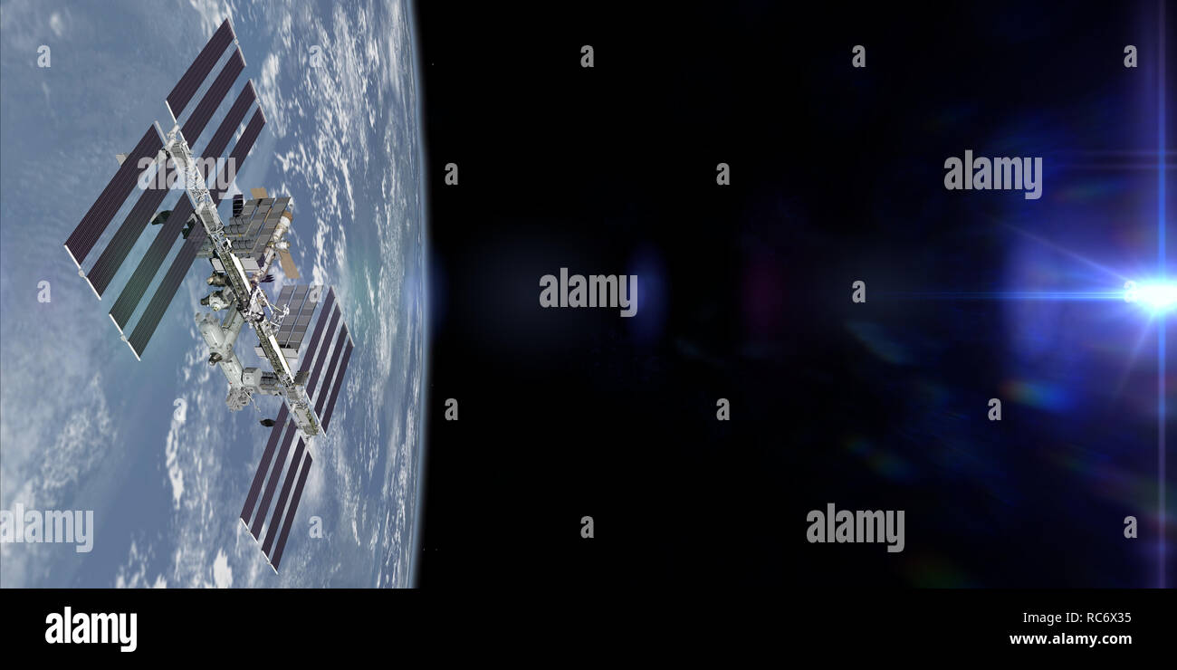 ISS lit by the Sun, International Space Station orbiting Earth (3d ...