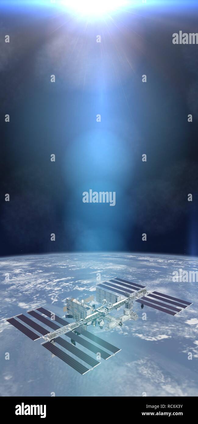 ISS lit by the Sun, International Space Station orbiting Earth (3d ...