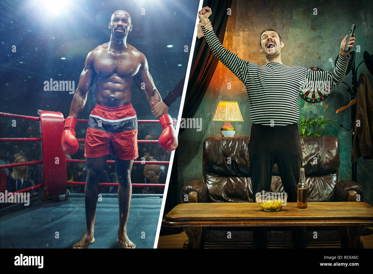 The crazy happy boxing fan watching match on television on sofa couch ...