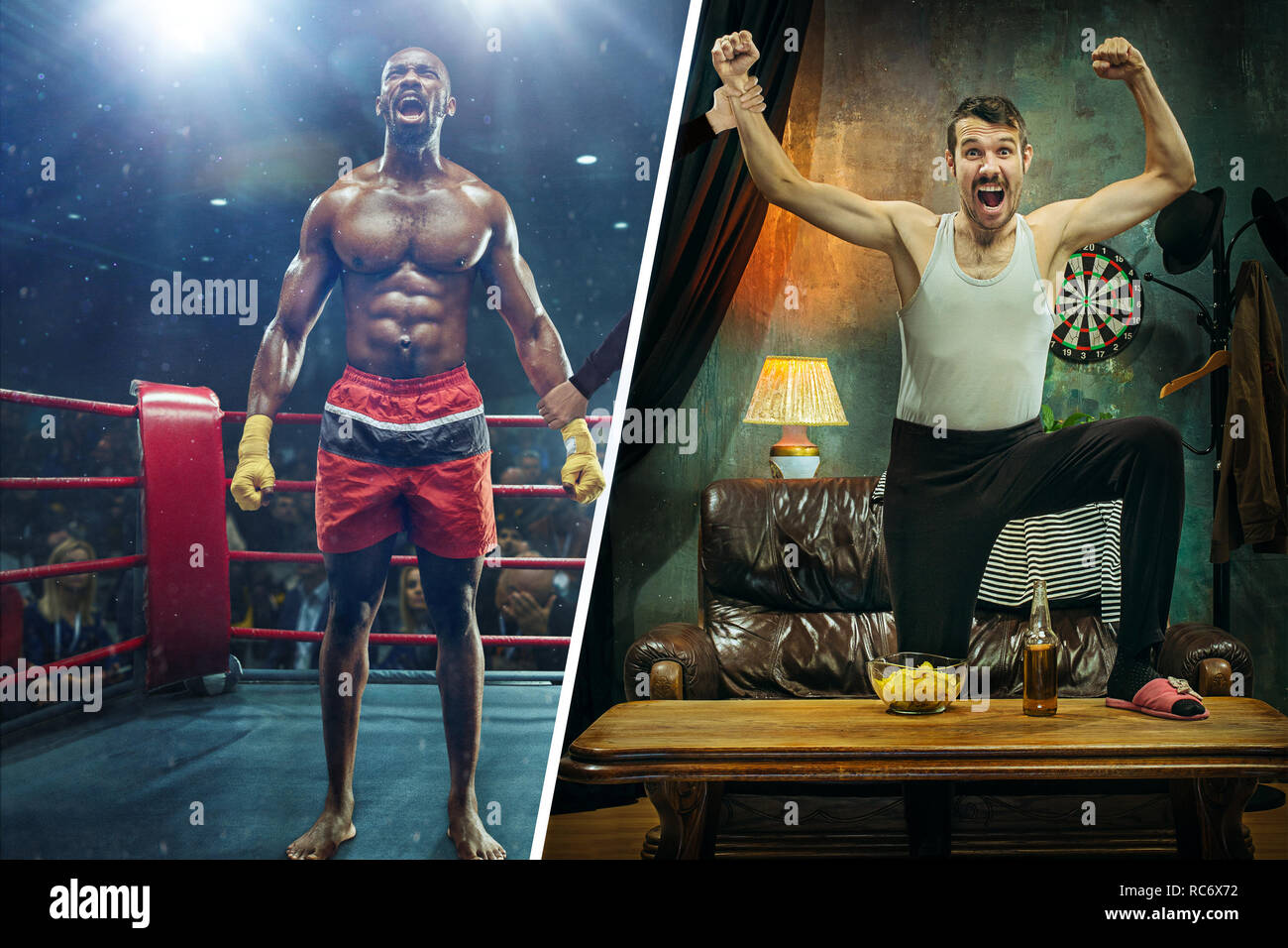 The crazy boxing fan watching match on television on sofa couch at home ...