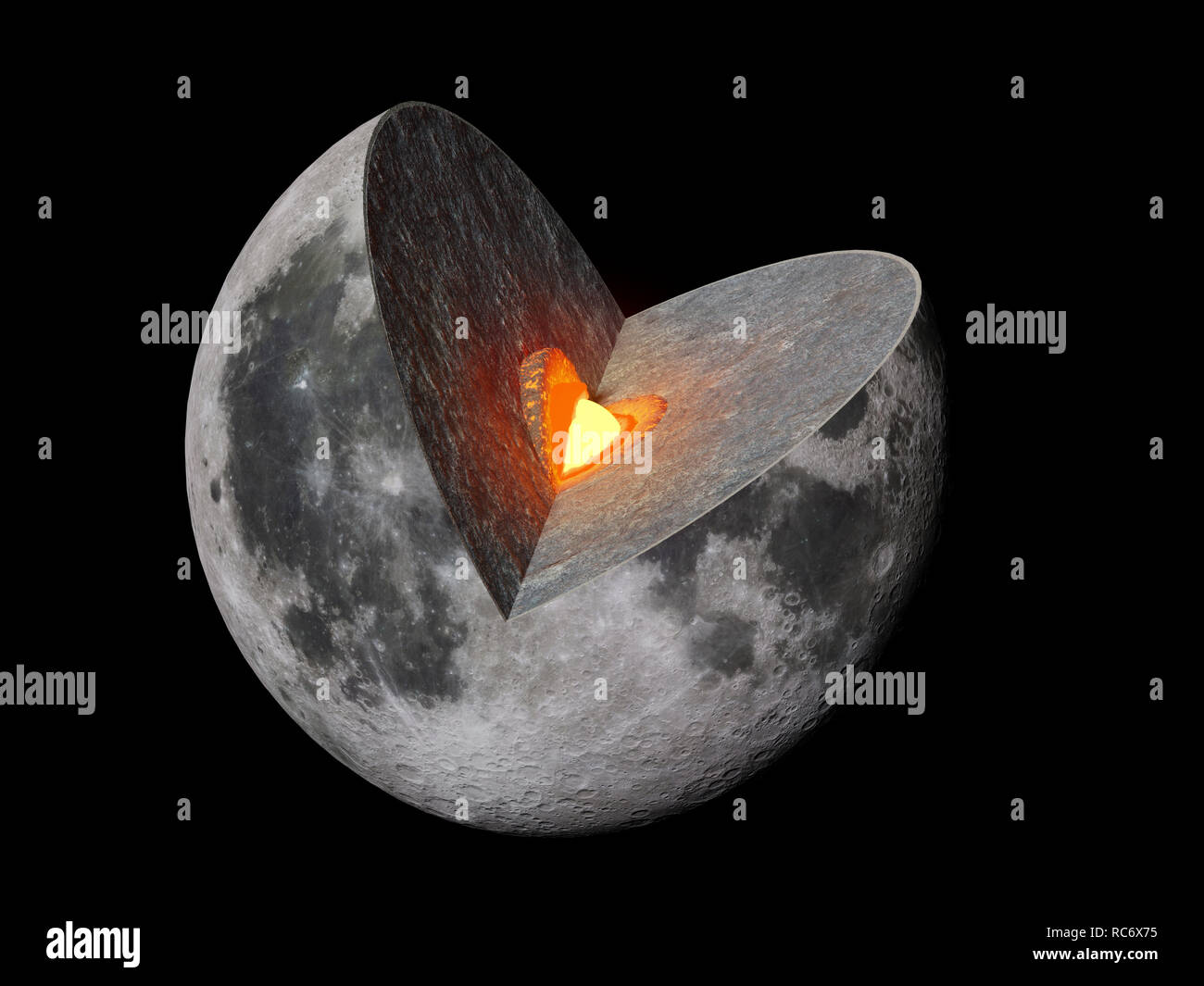 Moon structure, crust, mantle, core, isolated on black background Stock ...