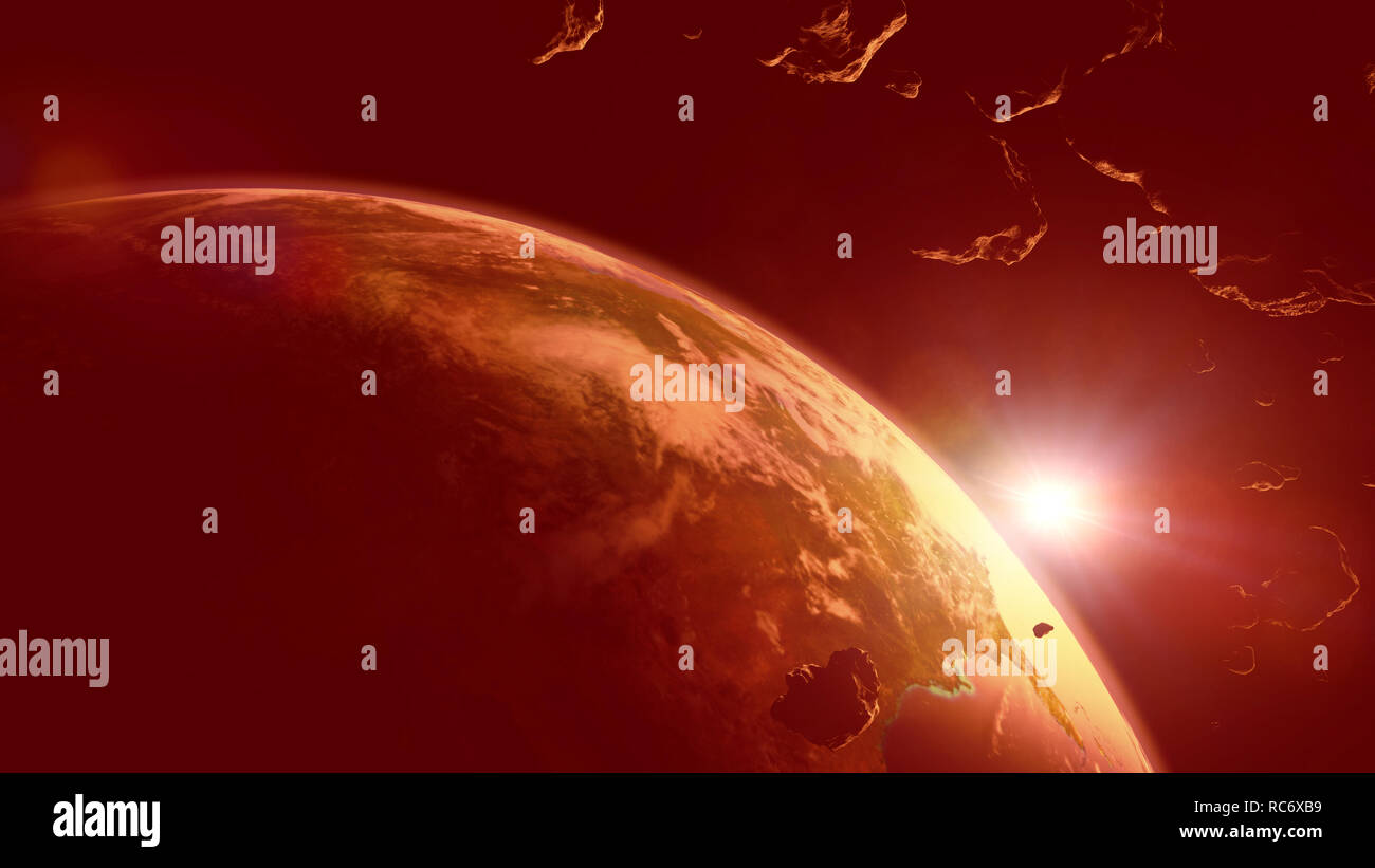 a swarm of asteroids moving towards planet Earth Stock Photo - Alamy