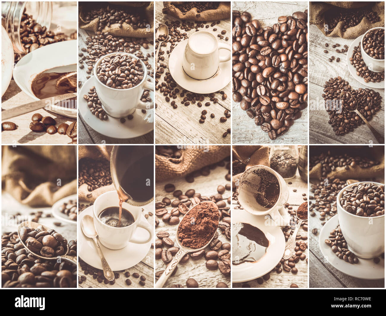 collage many pictures of coffee. Selective focus Stock Photo - Alamy