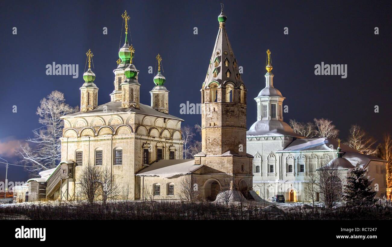 Winter night view ensemble of ancient orthodox churches in Veliky ...