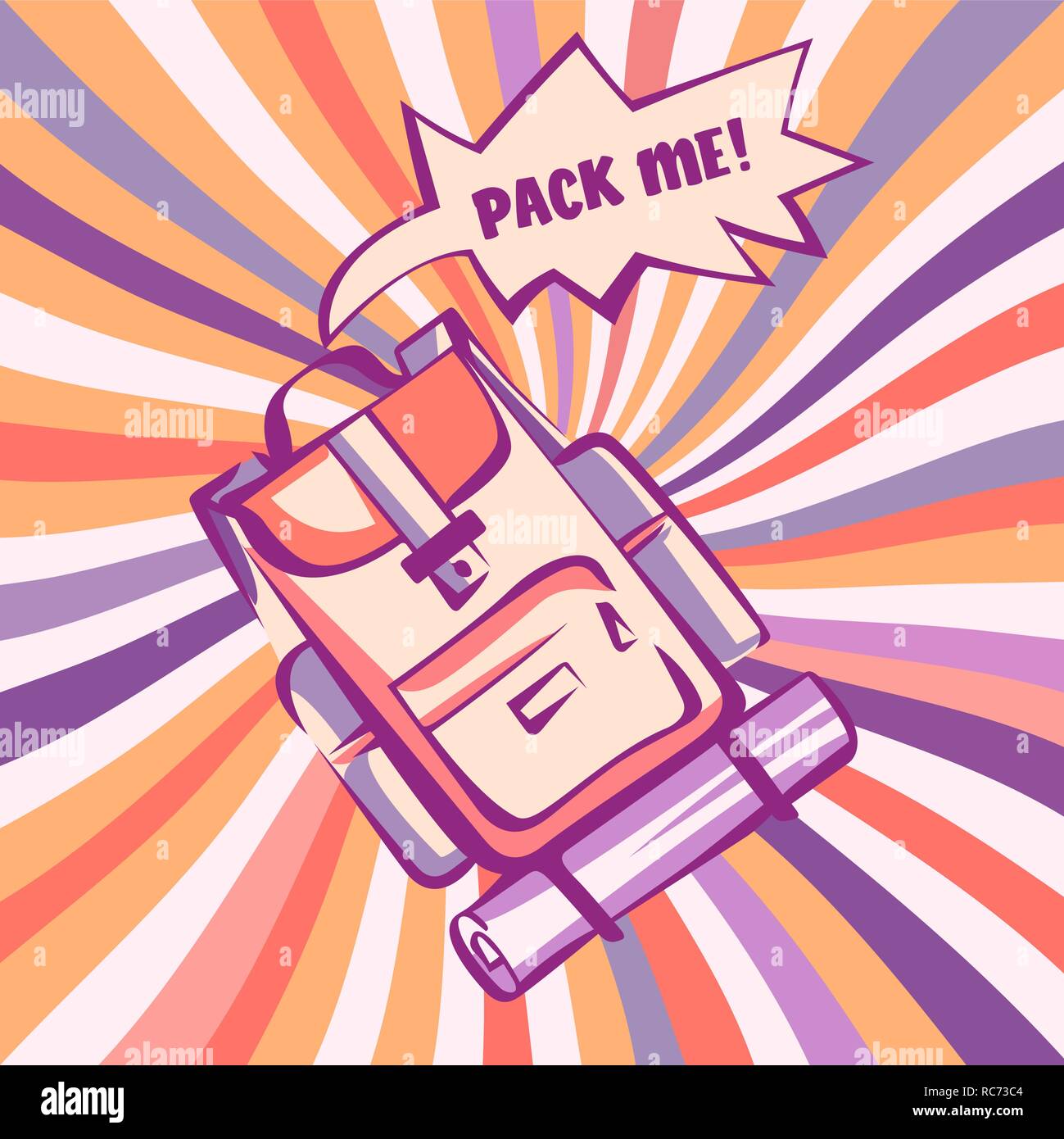Backpacking, retro stylized illustration. Backpack with comic speech ...