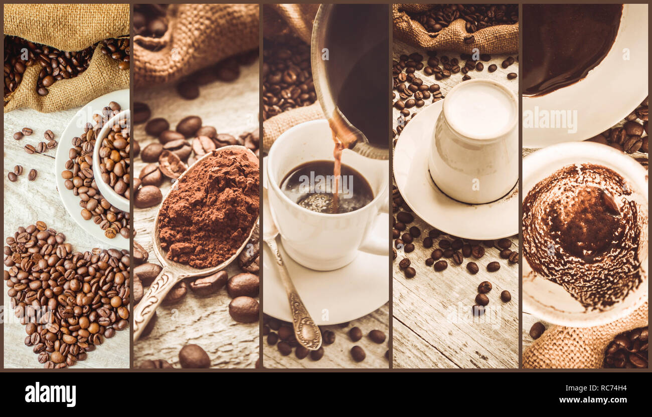 collage many pictures of coffee. Selective focus Stock Photo - Alamy