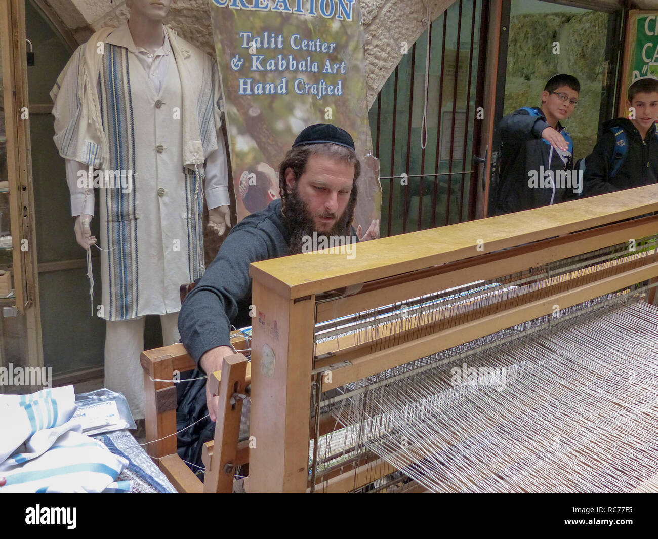 Weaving a talith on a loom Photographed in Jerusalem The Jewish Quarter ...