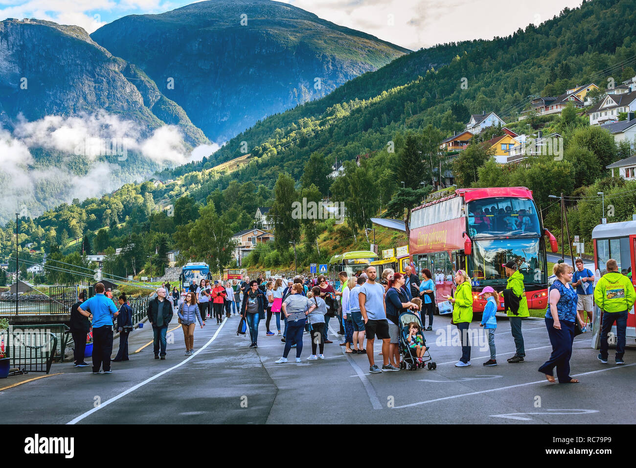 Norway, Olden - August 1, 2018: Tourist bus stop from harbour to ...