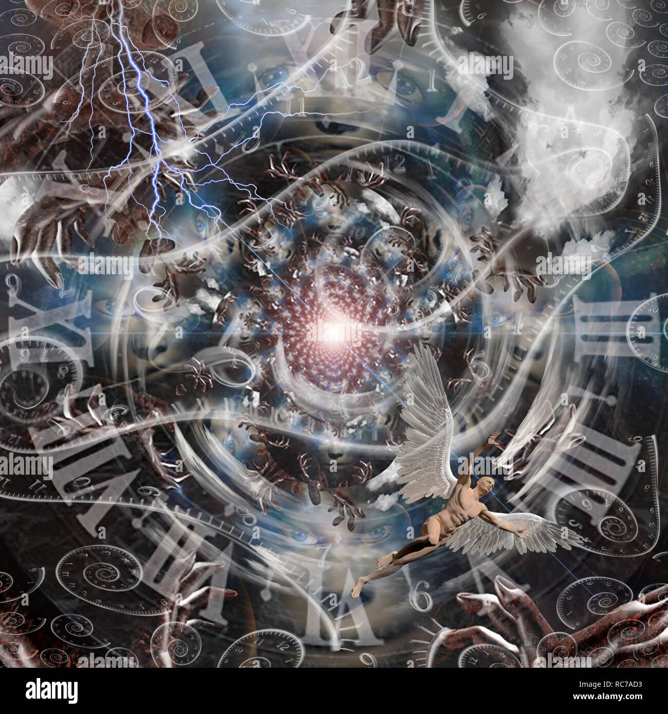 Symbolic composition. Particle of God. Angel and time spirals Stock ...