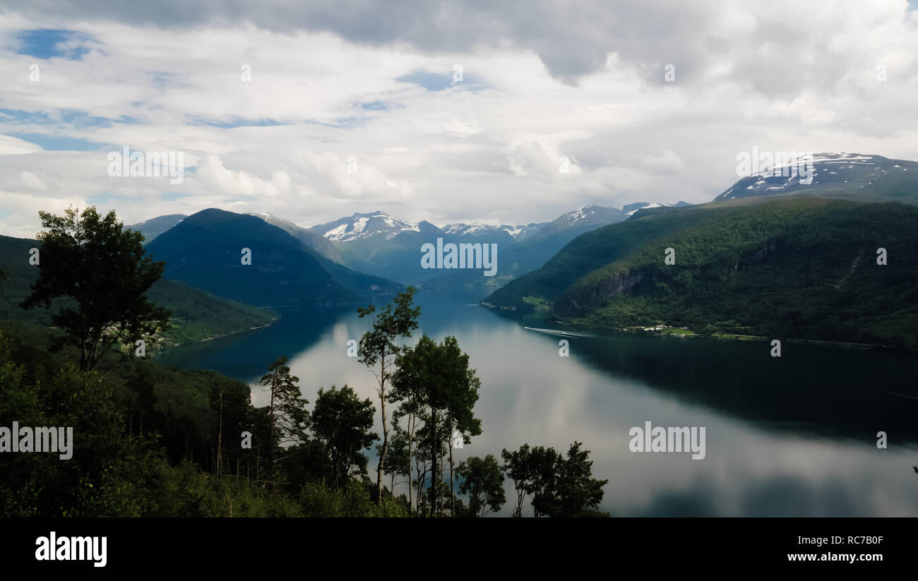 Landscape panoramic view to innvikfjorden, innvik and utvik village in ...