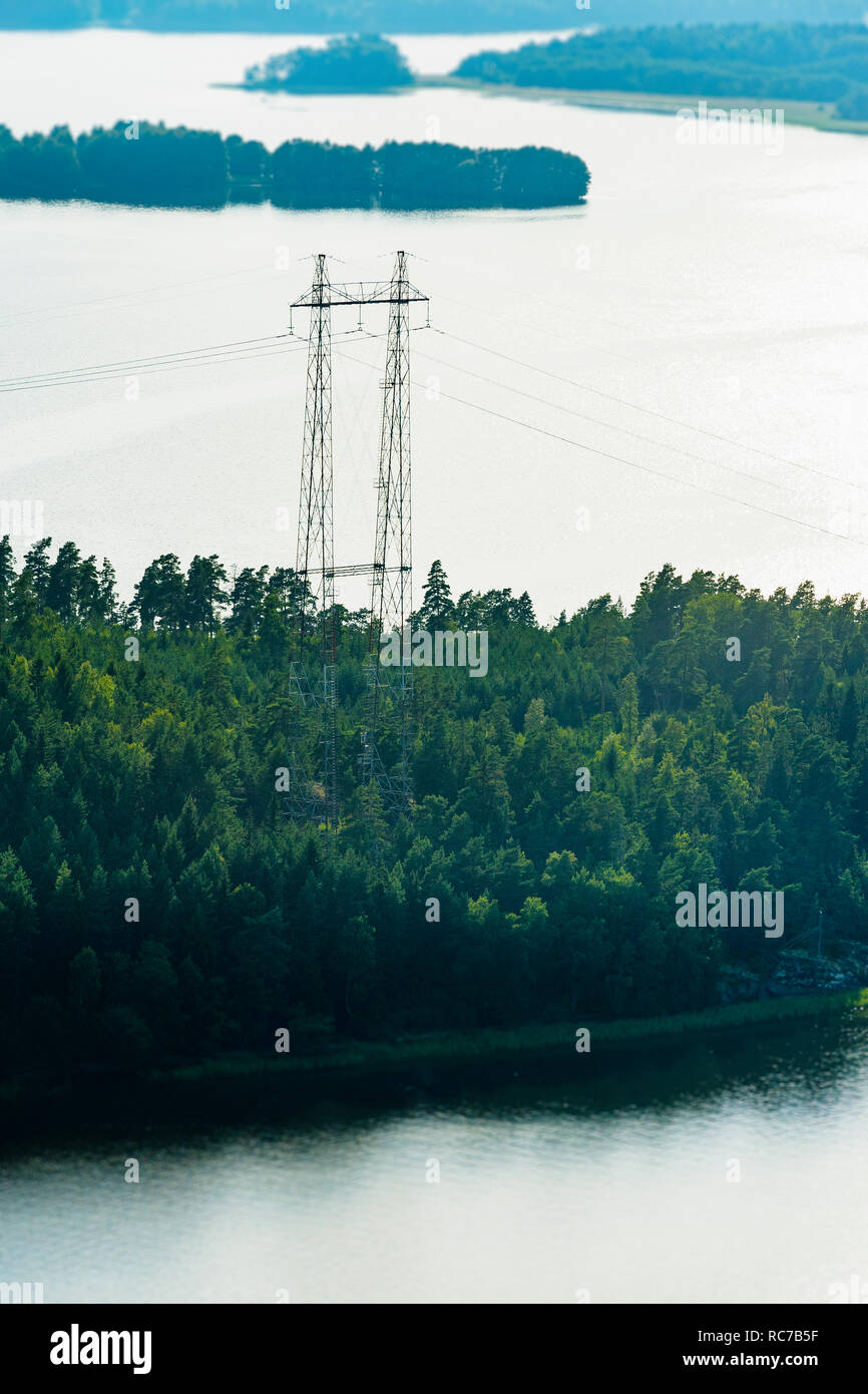 Aerial view of electricity pylon in forest Stock Photo - Alamy