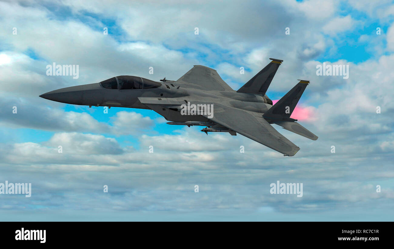 Military aircraft in flight equipped with missiles, combat set-up. F-15 ...