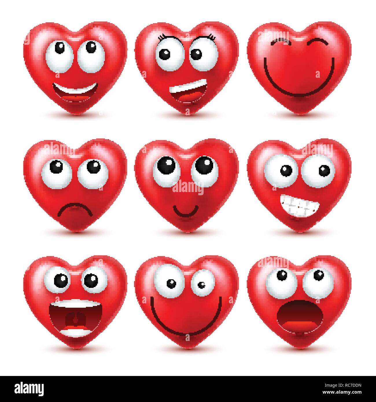 Heart Smiley Emoji Vector Set For Valentines Day. Funny Red Face With ...