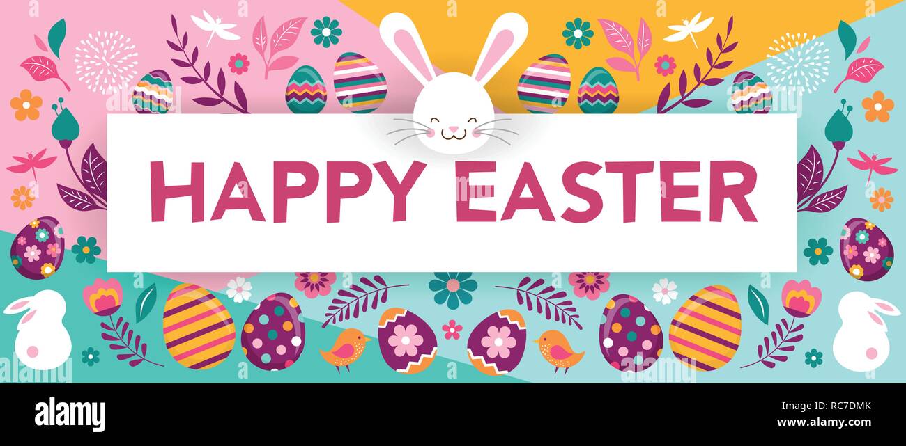 Happy Easter, vector banner with flowers, eggs and bunnies Stock Vector ...