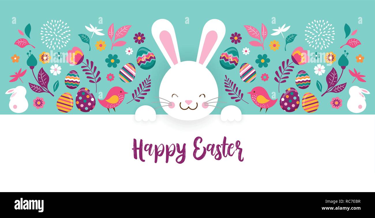 Happy Easter, vector banner with flowers, eggs and bunnies Stock Vector ...