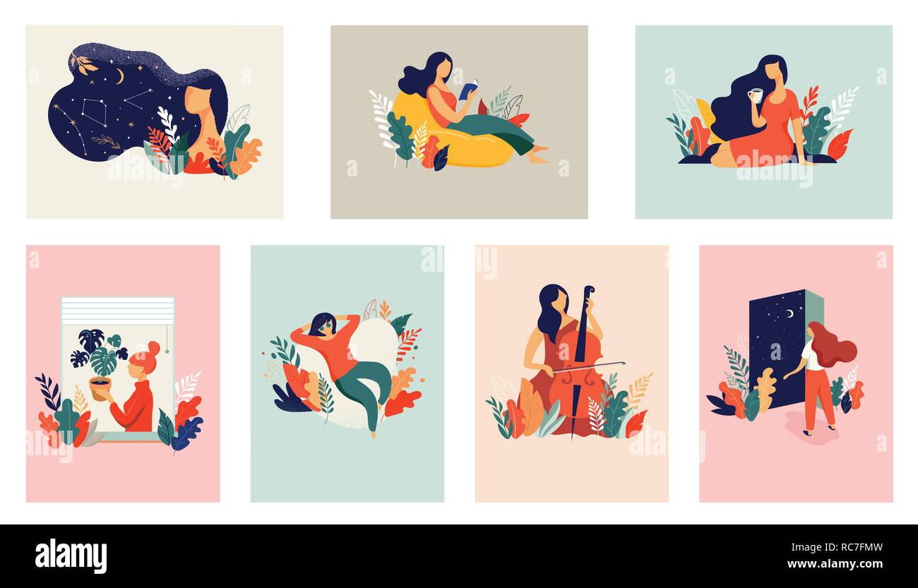 Feminine concept illustration, beautiful women in different situations ...