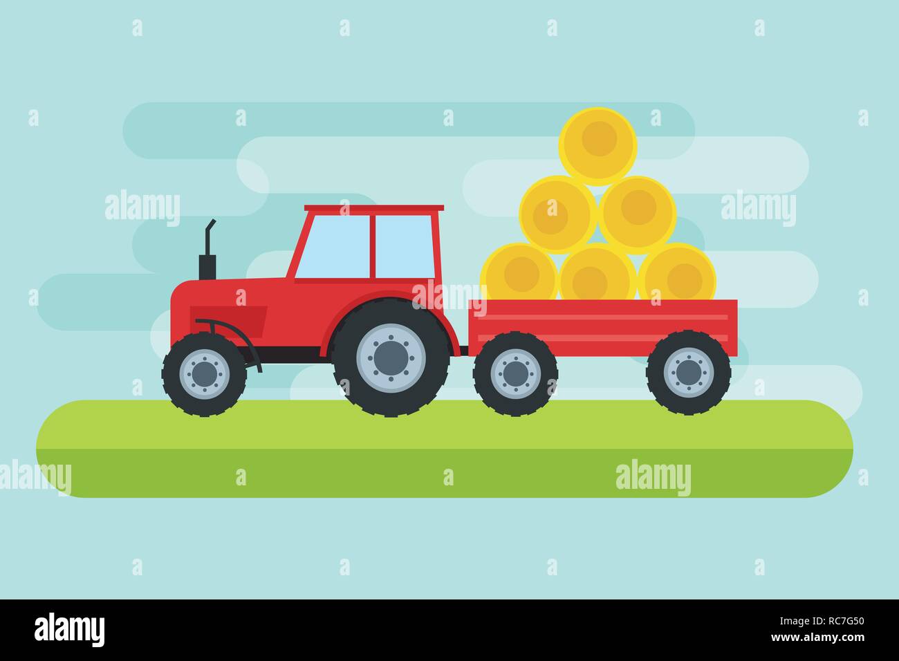 Vector illustration of tractor working on farmed land in flat style ...