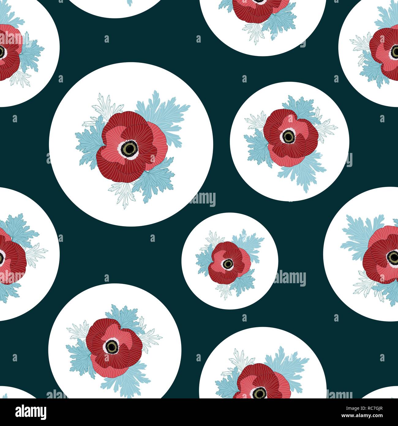 Vector floral repeat seamless pattern with red and pink anemone flowers ...