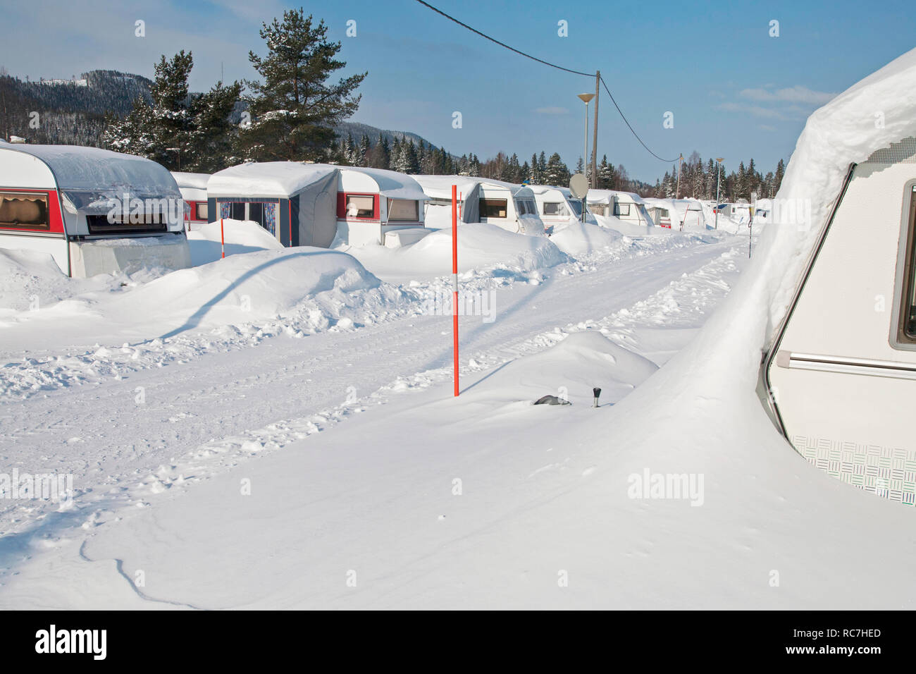Caravan park covered with snow Stock Photo - Alamy