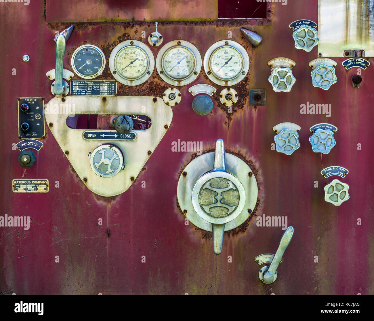 Dials and valves on old fire engine in the "Truck Graveyard" near ...
