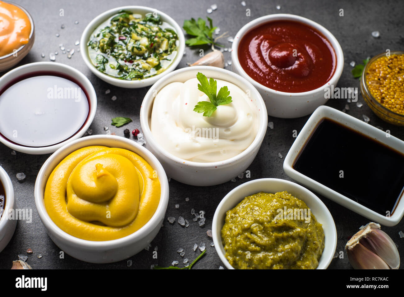 Sauce set assortment - mayonnaise, mustard, ketchup and others t Stock ...