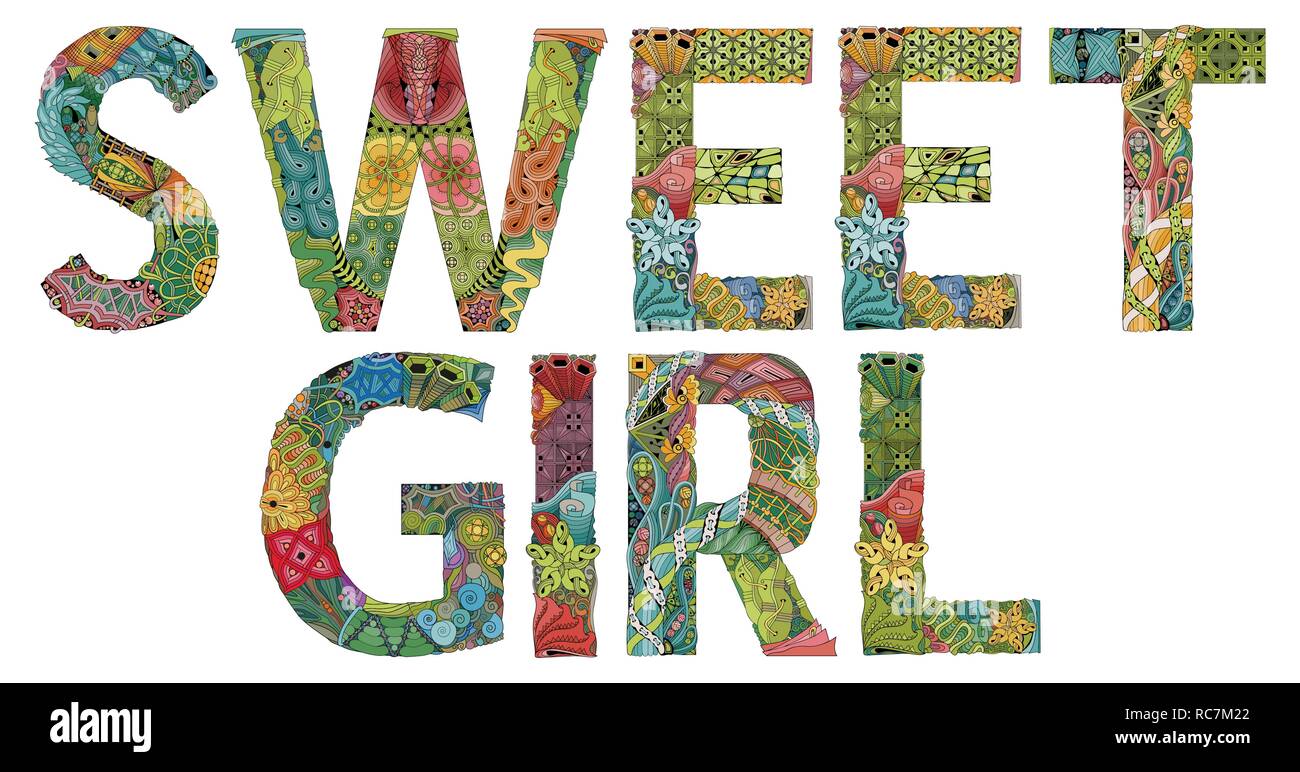 Hand-painted art design. Hand drawn illustration words SWEET GIRL for t ...