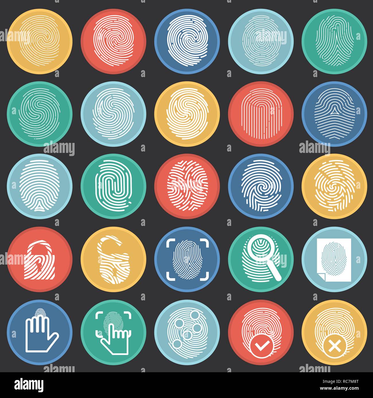 Finger id icons on color circles black background for graphic and web ...