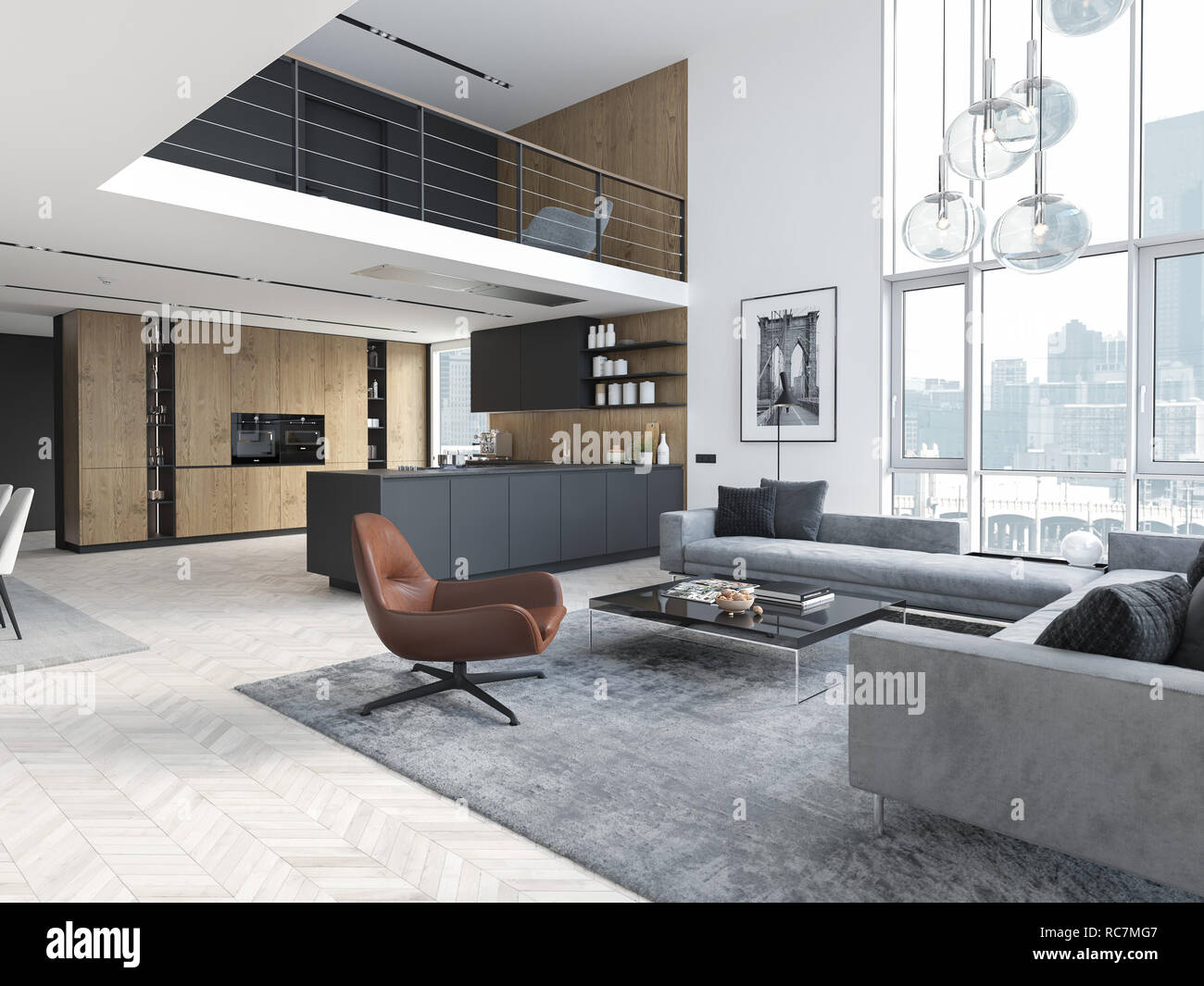 new modern scandinavian loft apartment. 3d rendering Stock Photo - Alamy