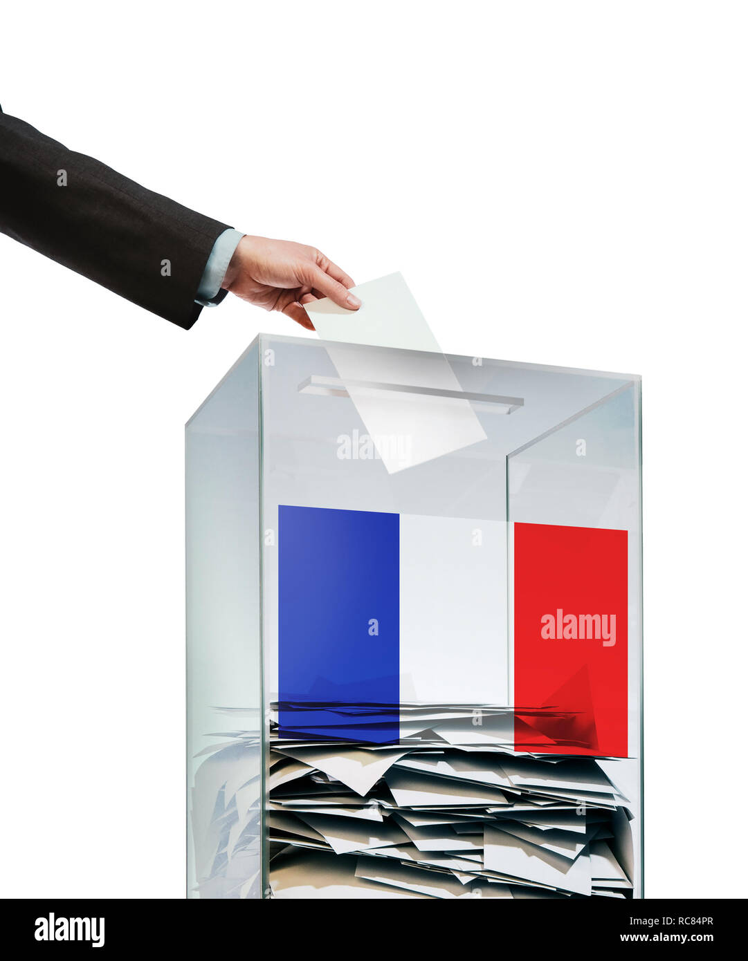 Hand inserting paper ballot in clear ballot box with french flag Stock ...