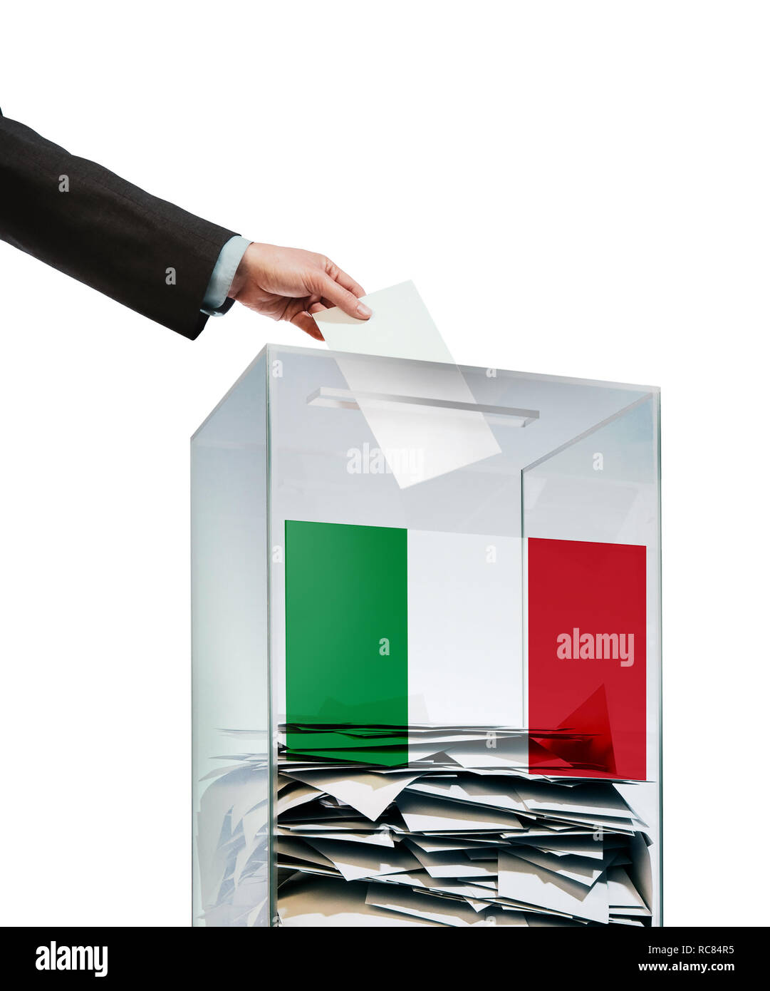 Hand inserting paper ballot in clear ballot box with italian flag Stock ...